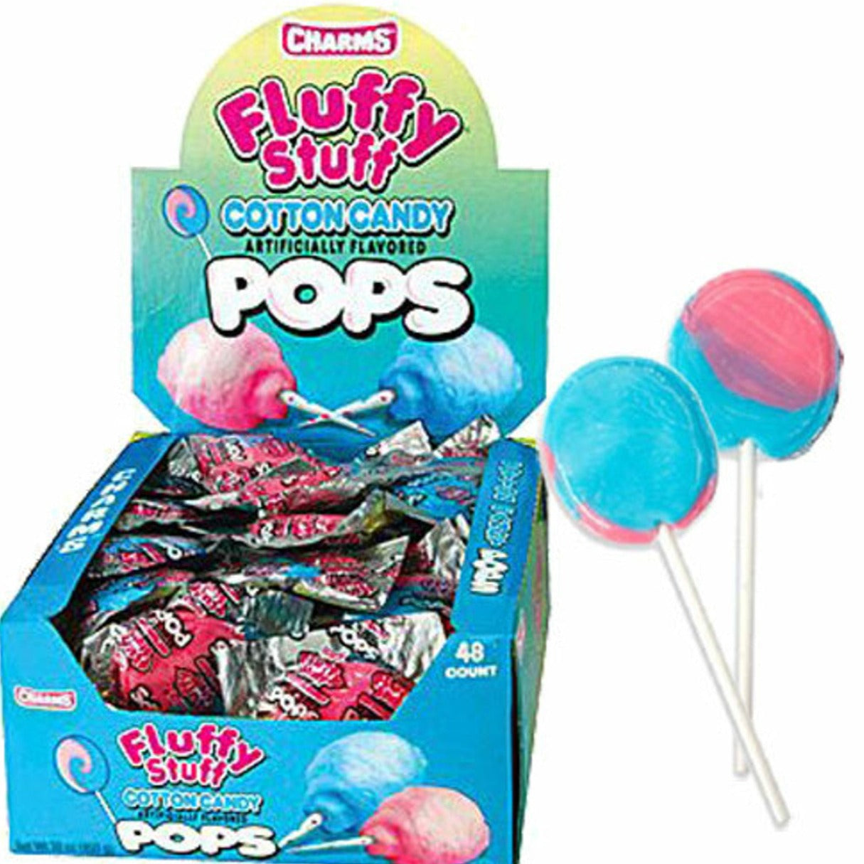 Charms Fluffy Stuff Cotton Candy Lollipops .63oz - 48ct – I Got Your Candy